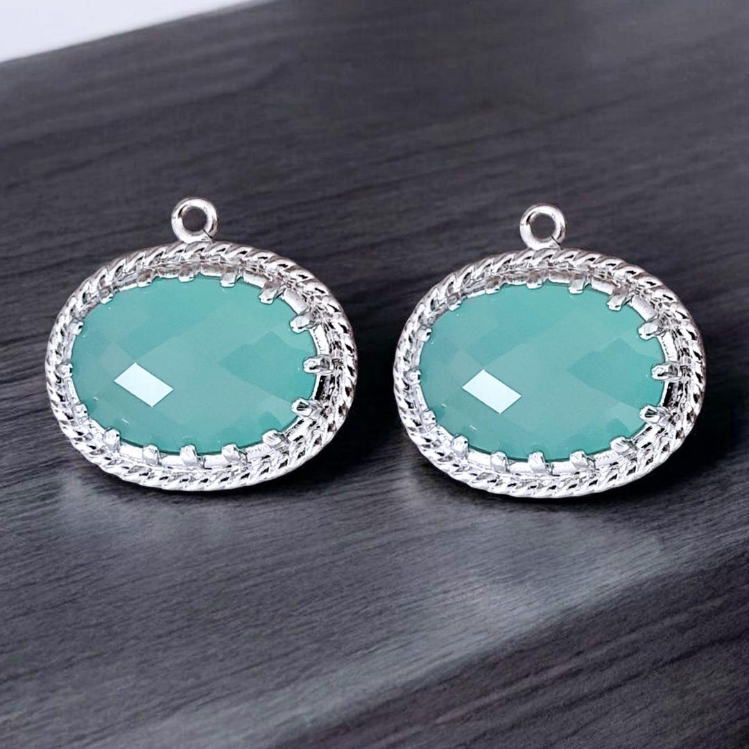 Victorian Mint Turquoise Glass Charms: Rhodium Plated Pendants (2 Pc ...