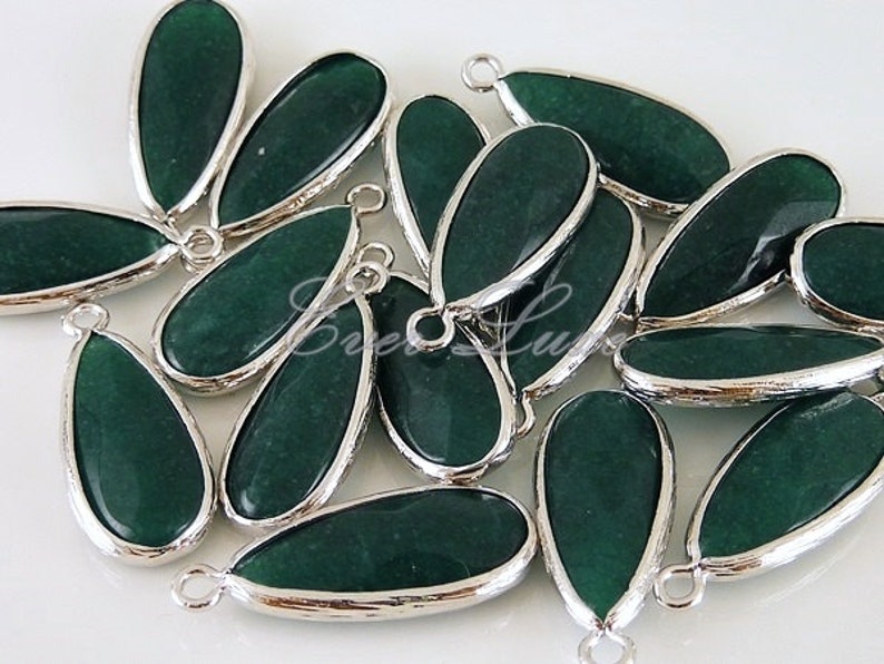 2 Dark Green Color Long Teardrop Synthetic Stone Bezel Pendants ...