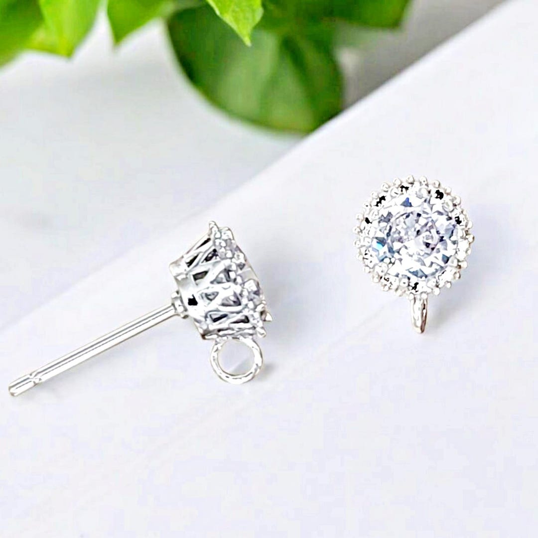 Sparkly CZ Stud Earrings With Loop: 14K Gold or Rhodium Dangle Base ...