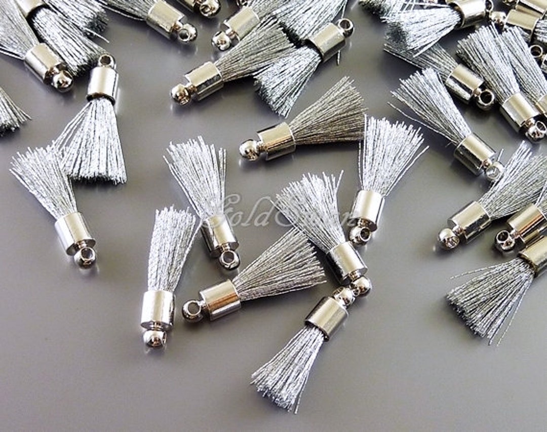 4 Pcs Silver Metallic Tassel With Silver Bail Caps, Small Silver Tassel ...