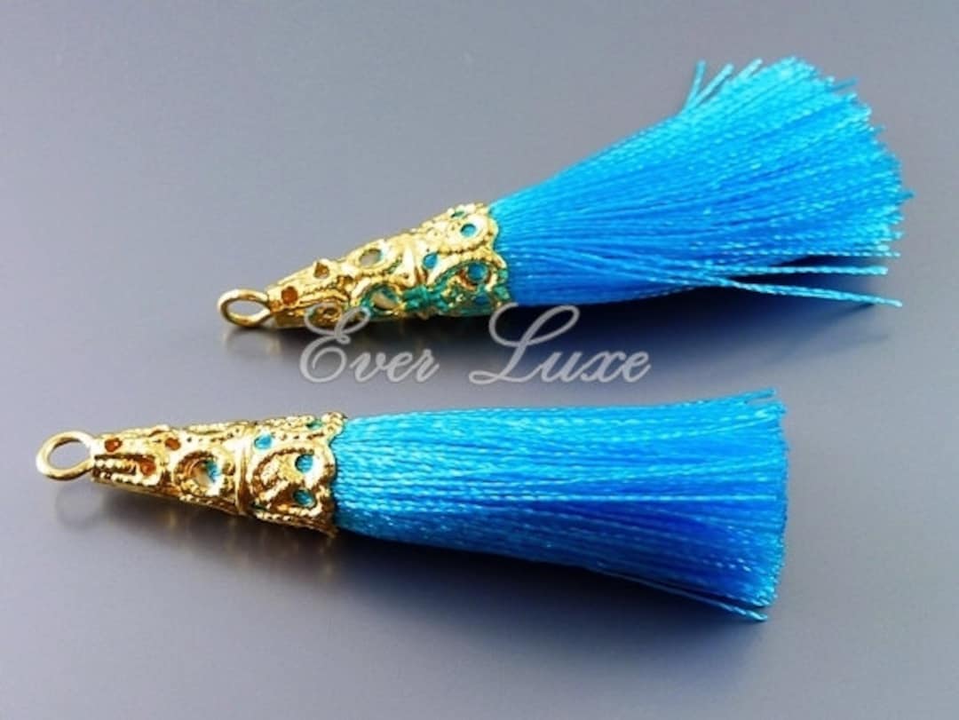 2 Beautiful Turquoise Blue Color Tassels, Tassel With Metal Cap Top ...