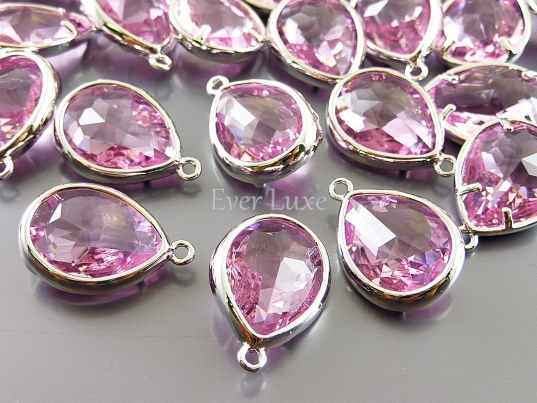 2 Pink Glass Stone Charms With Silver Bezel Pendants, Jewellery Making ...