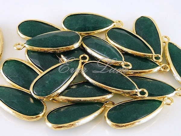 2 Dark Green Color Long Teardrop Synthetic Stone Bezel Pendants ...