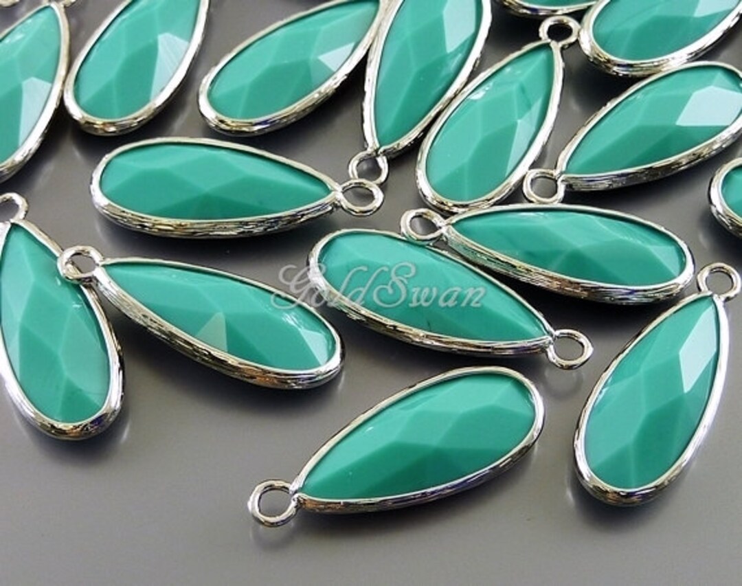 2 Pcs Green Blue Turquoise Glass Long Drop Stone in Silver Bezel ...