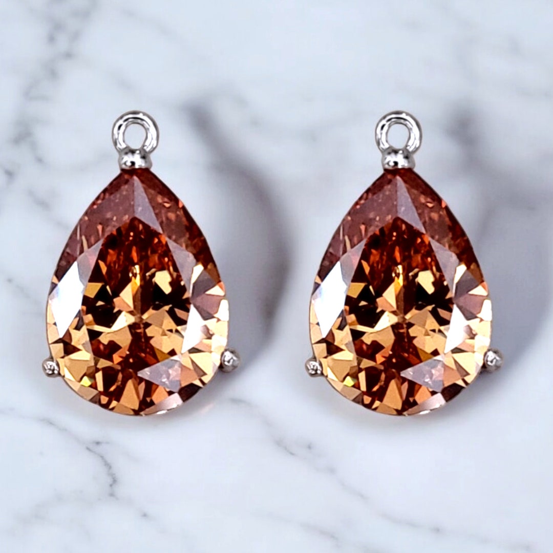 Champagne Cubic Zirconia Teardrop Charms: Rhodium Plated, 20x13mm (2pcs ...