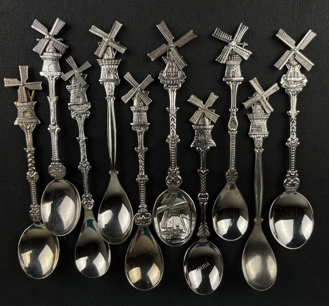 10 X Vintage Souvenir Spoons - Holland Windmills - Nickel Silver ...