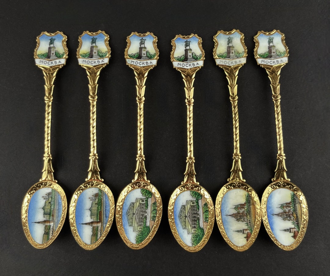 6 Mockba Enamelled Bowls Souvenir Spoons Czechoslovakia Klepa Arts ...