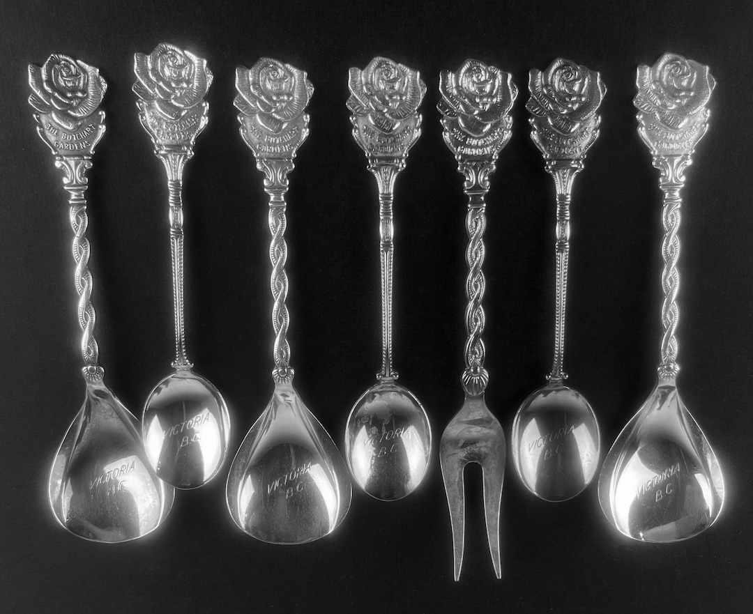 7 X Silverplate Souvenir Spoons - Fork - Butchart Gardens - Victoria BC ...