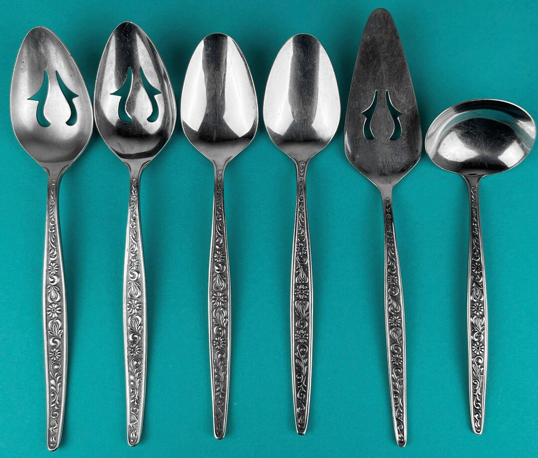 6 X Retro Serving Pieces - Midcentury Stainless Steel - Black Floral ...