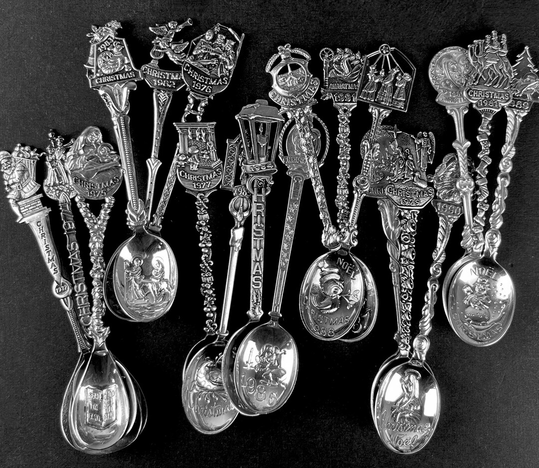 Silverplate Christmas Spoons Singles 1971 1991 Spoons Embossed Bowls WE ...