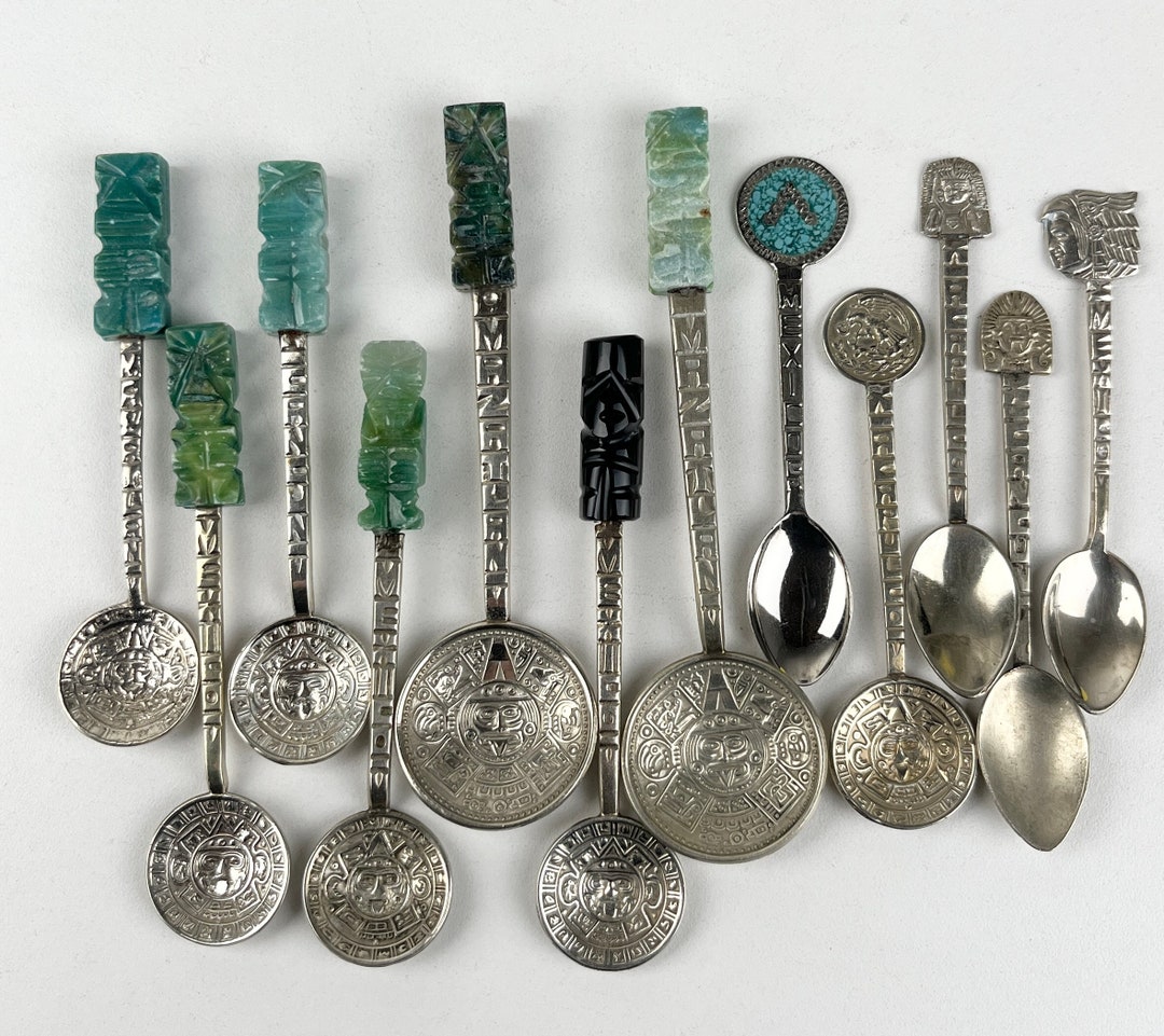 12 X Vintage Souvenir Spoons Nickel Silver Alpaca Jade Tiki Mexico ...