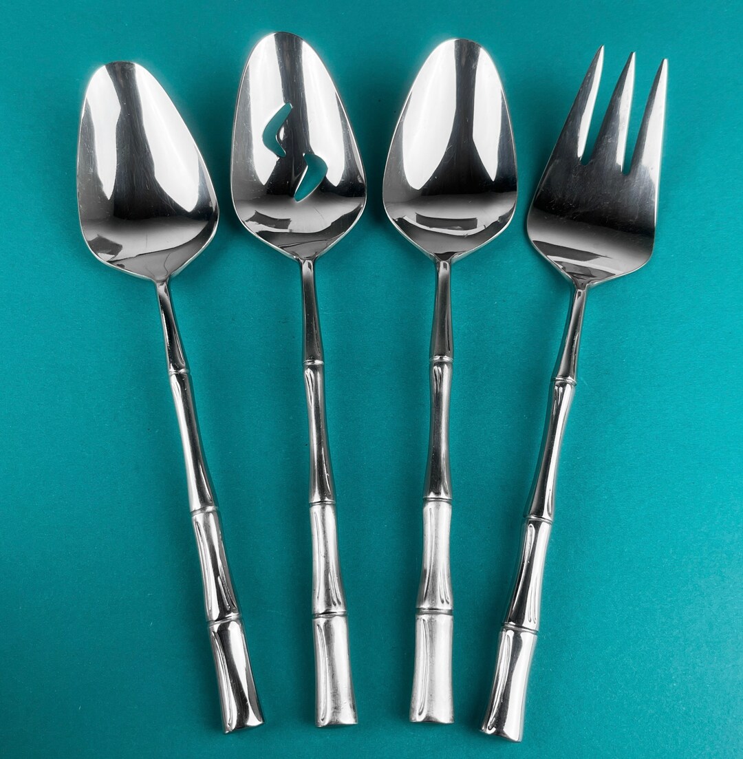 Mix Lot 4 X Serving Pieces Spoons Fork Satin / Glossy Finish Bamboo ...