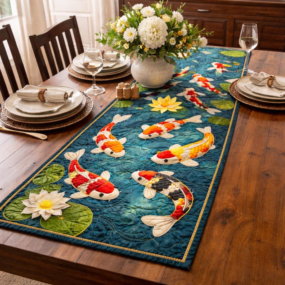 Koi Fish Table Runner, Japanese Koi Quilted Runner, Lotus Pond Dining ...