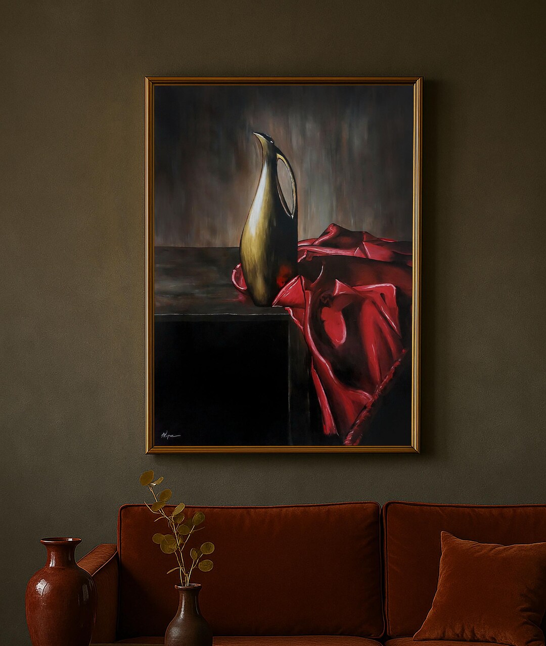 Golden Pitcher and Crimson Fabric Original Acrylic Still Life Painting ...