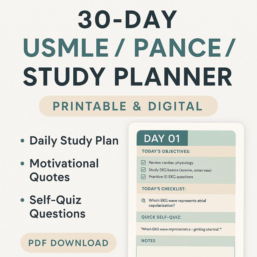 30-day USMLE, PANCE, NCLEX Study Planner | Digital | Study Schedule ...