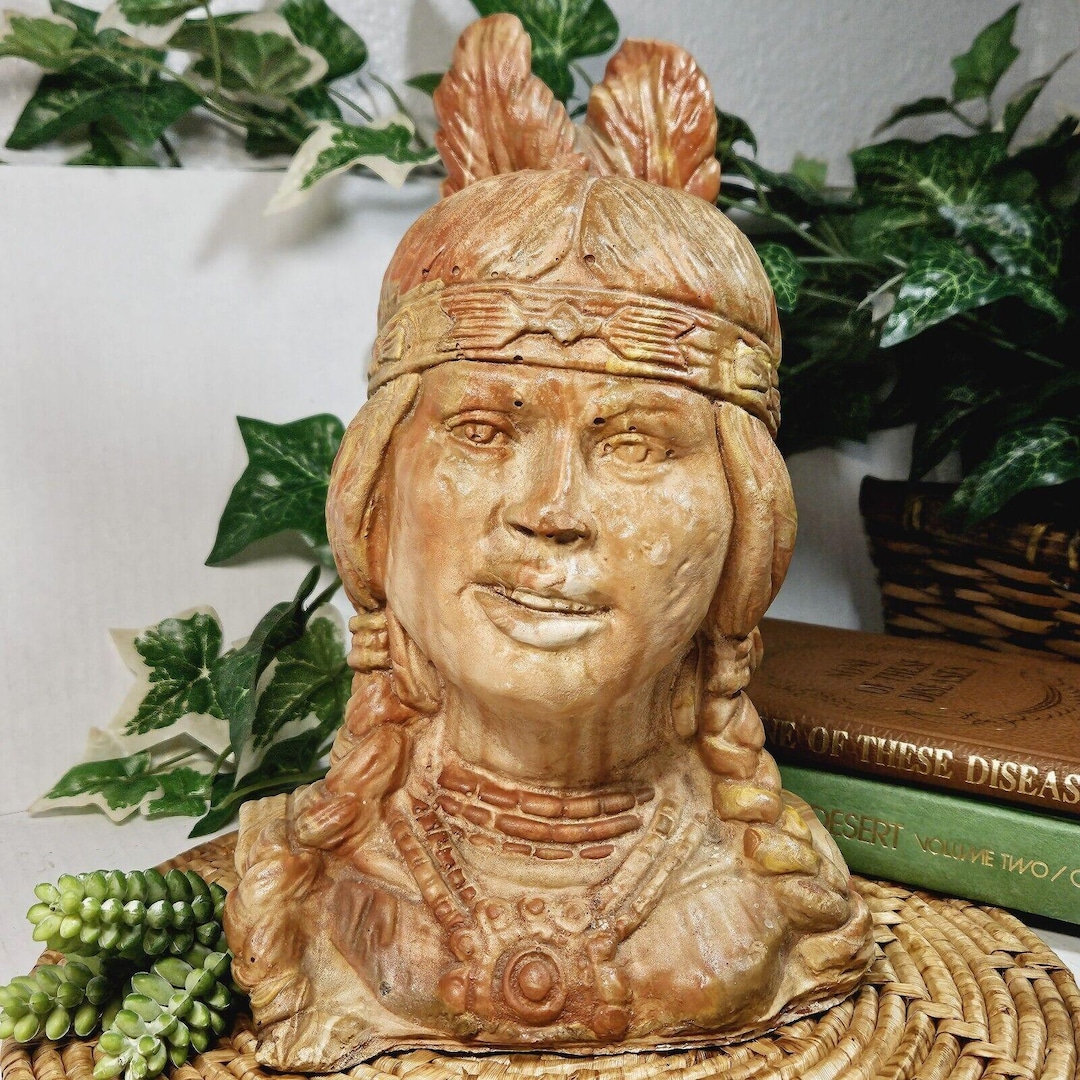 Vintage Native American Indian Woman Statue Swirl Clay Resin Carved ...