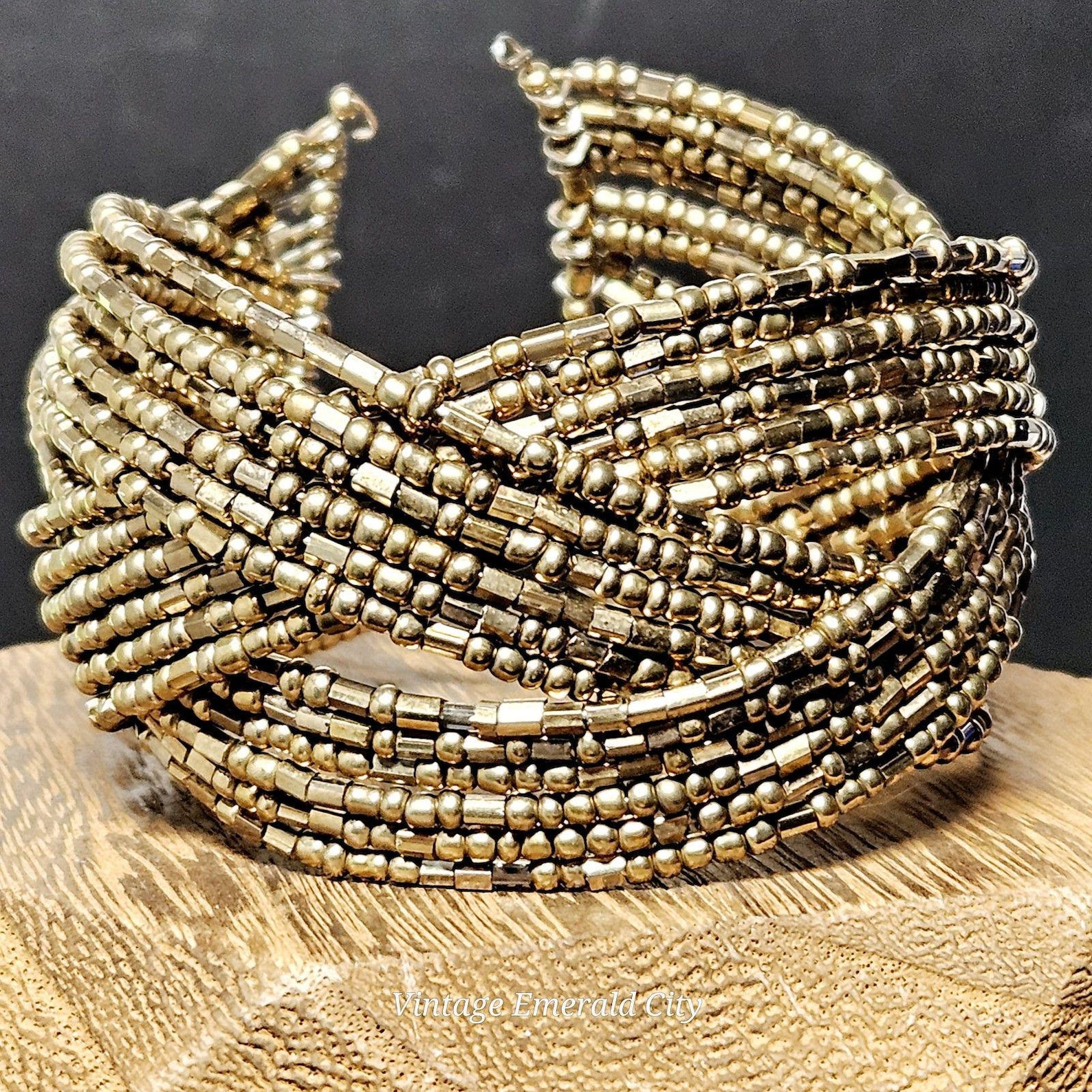 Vtg Metallic Bronze Gold Y2K 90s Striped Pretzel Memory Wire Cuff Bead ...