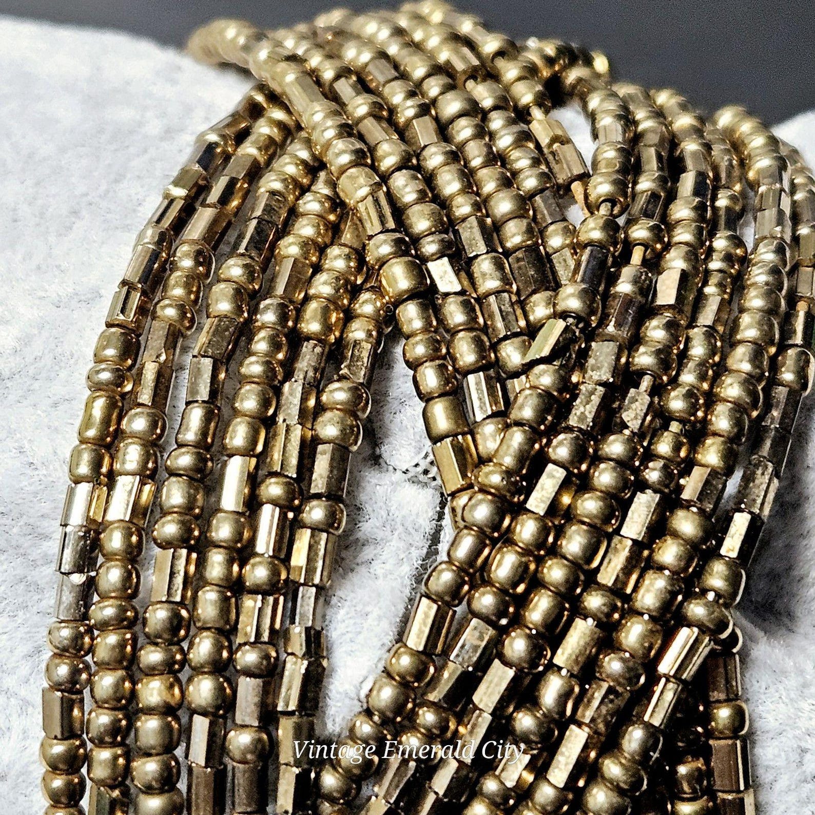 Vtg Metallic Bronze Gold Y2K 90s Striped Pretzel Memory Wire Cuff Bead ...