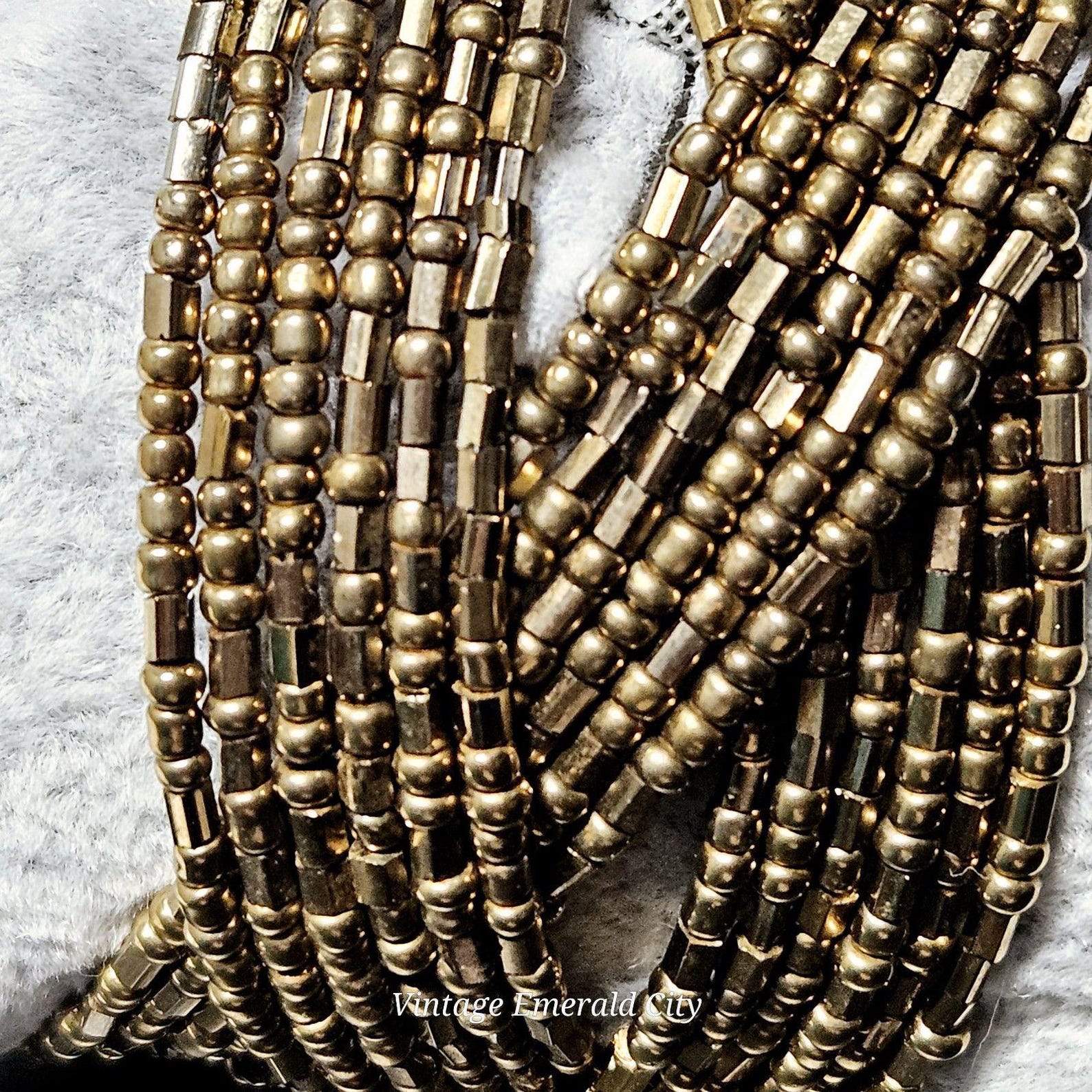 Vtg Metallic Bronze Gold Y2K 90s Striped Pretzel Memory Wire Cuff Bead ...