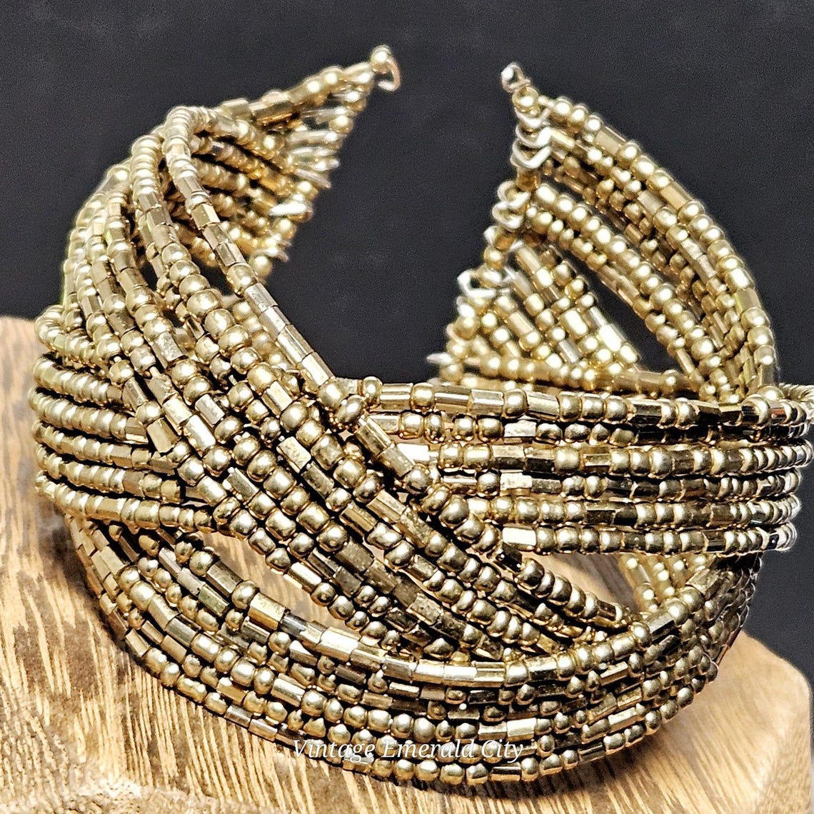 Vtg Metallic Bronze Gold Y2K 90s Striped Pretzel Memory Wire Cuff Bead ...