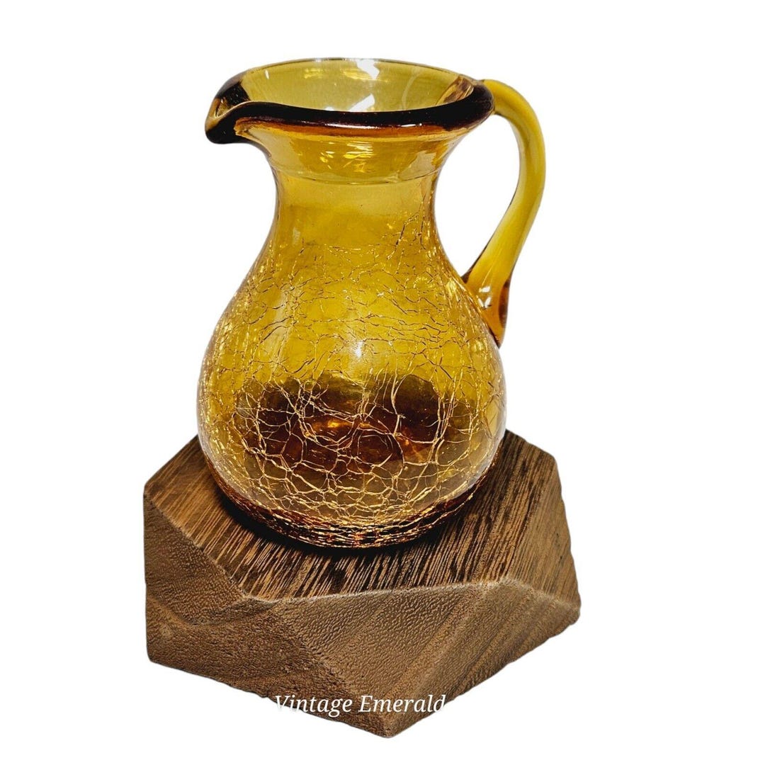 Vtg Handblown Cruet Mini Pitcher 4 in Amber Crackle Art Glass & Wooden ...