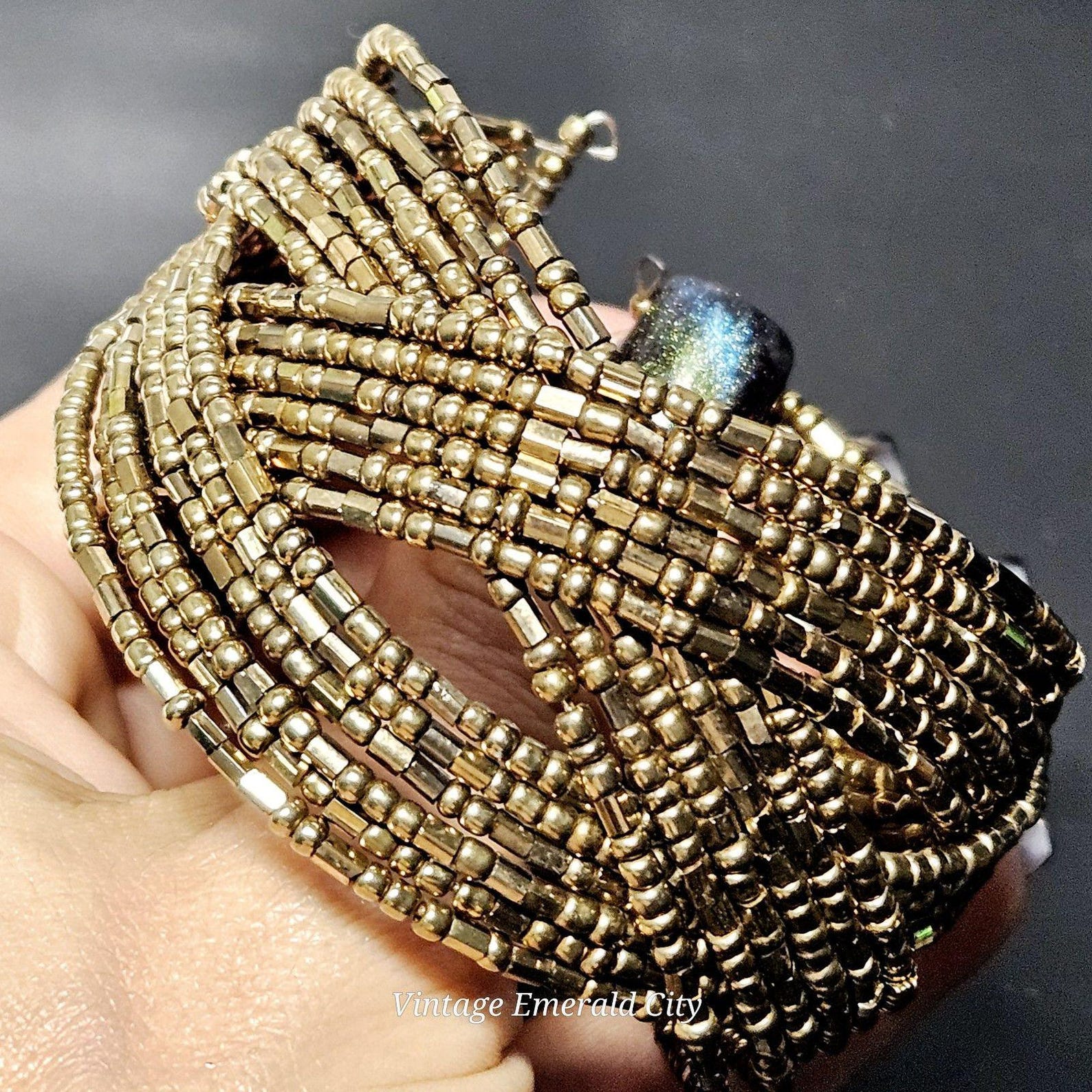 Vtg Metallic Bronze Gold Y2K 90s Striped Pretzel Memory Wire Cuff Bead ...