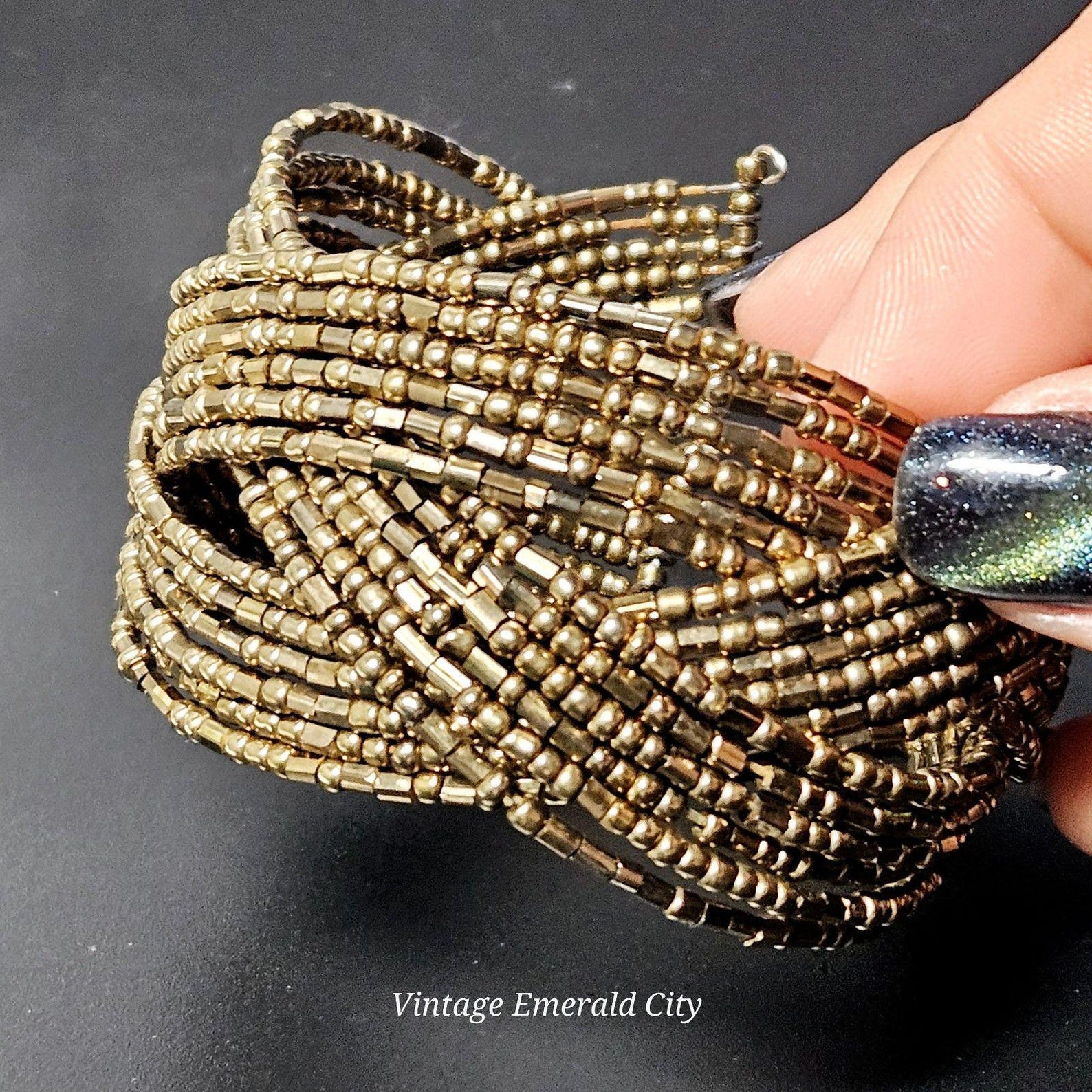 Vtg Metallic Bronze Gold Y2K 90s Striped Pretzel Memory Wire Cuff Bead ...