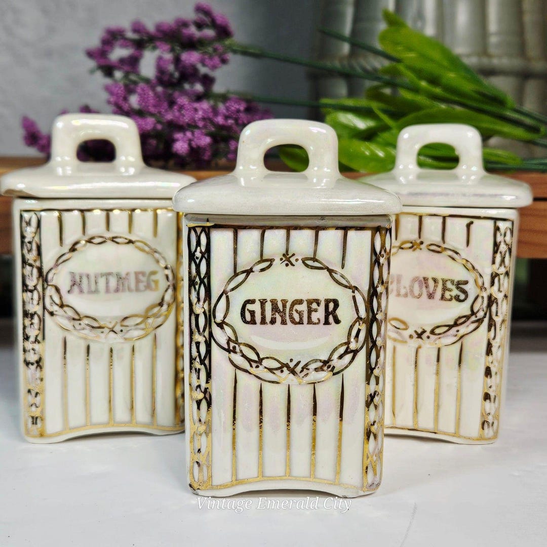 Vtg Iridescent Czechoslovakia Lusterware Labeled Spice Jars Set / 3 ...