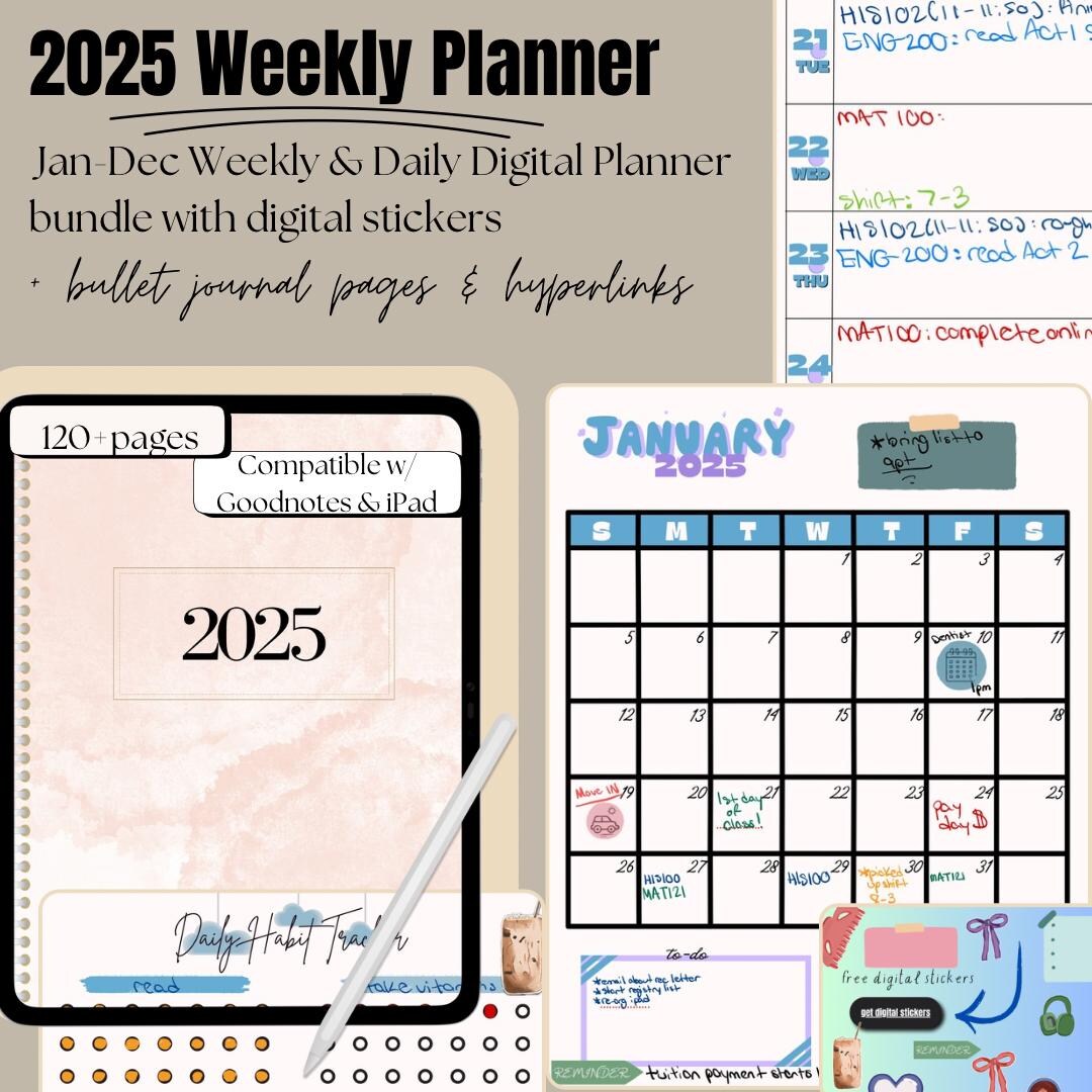 12- Month Digital Planner for Students + Professionals L Weekly & Daily ...