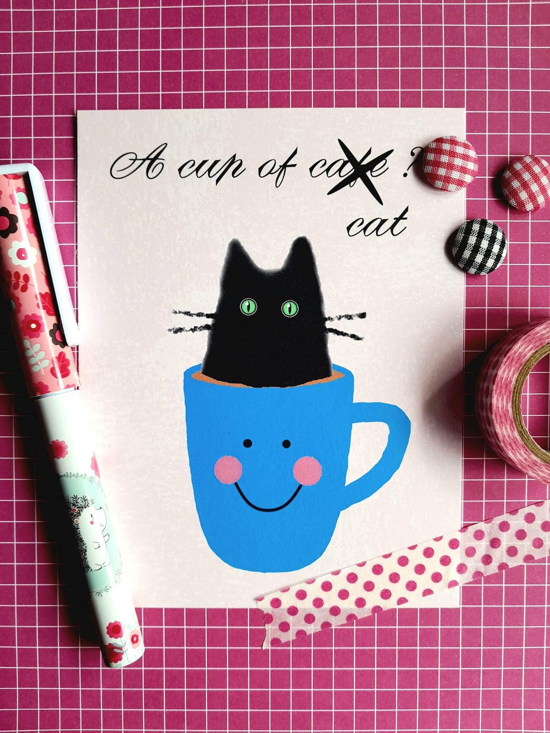 A Cup of Cat Card, Cat in a Cup of Coffee Card, Kawaii Cat and Mug ...