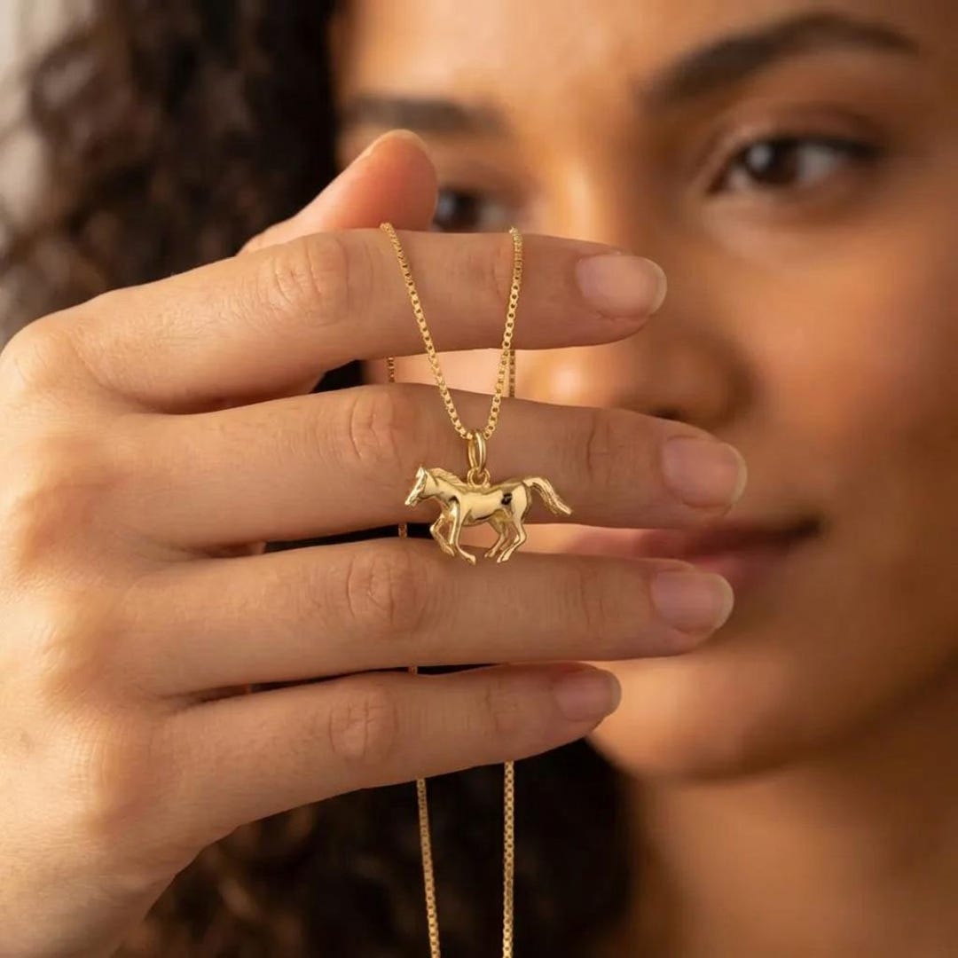 Dainty Horse Necklace, 14K Gold Running Horse Pendant, Equestrian ...