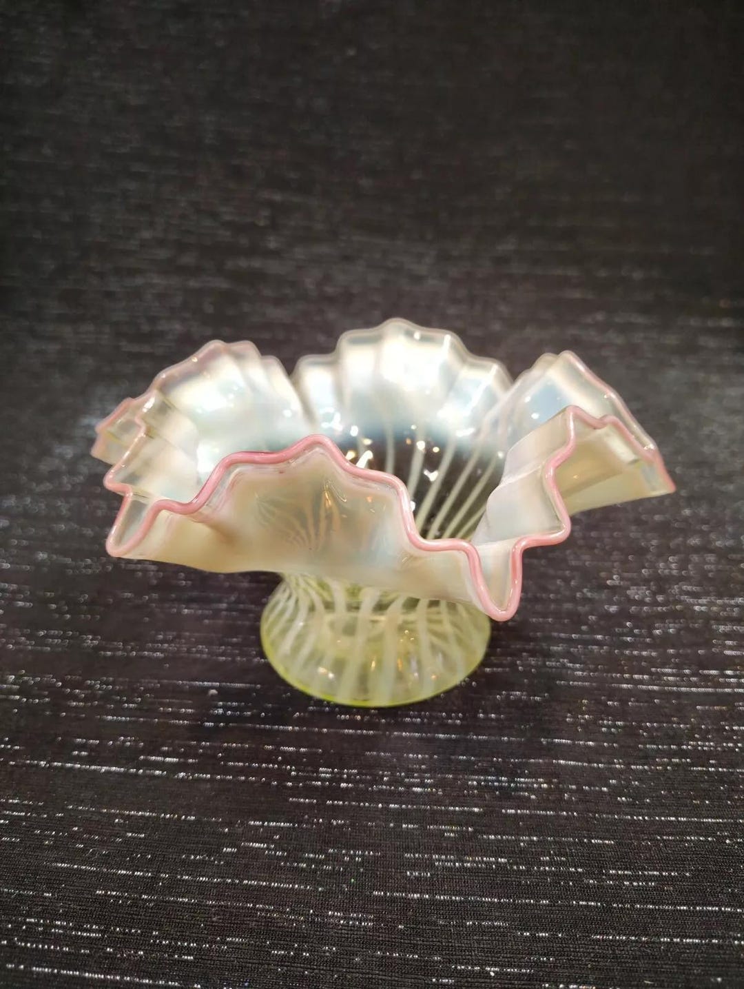 VTG, Fenton Glass, Vaseline, White Stripe W/ Pink Ruffle Edge, Hand ...