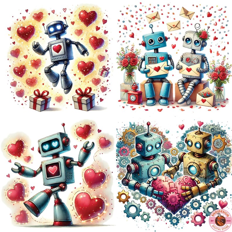 20 Watercolor Valentines Robot Clipart, Valentines Robot Png Bundle ...