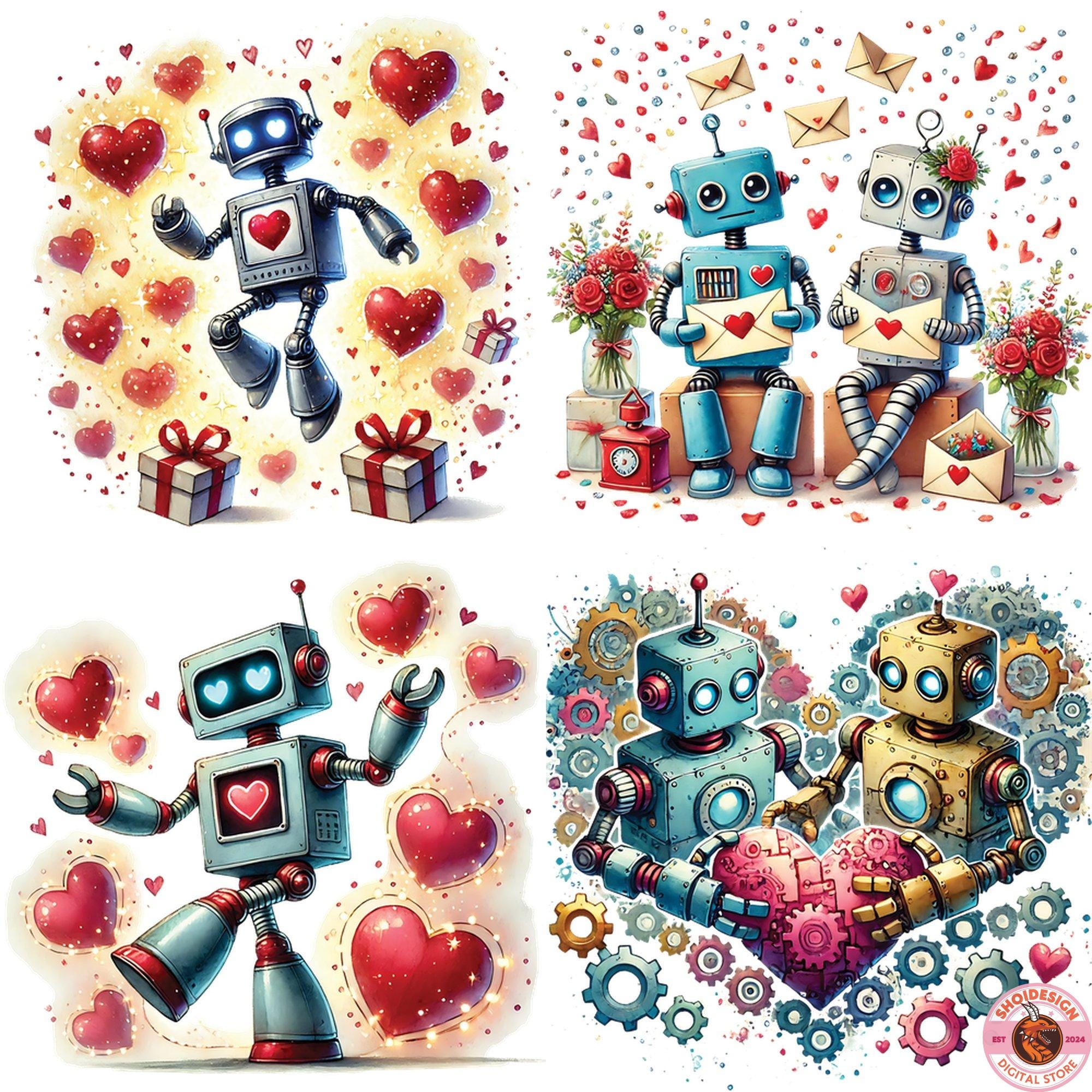20 Watercolor Valentines Robot Clipart, Valentines Robot Png Bundle ...