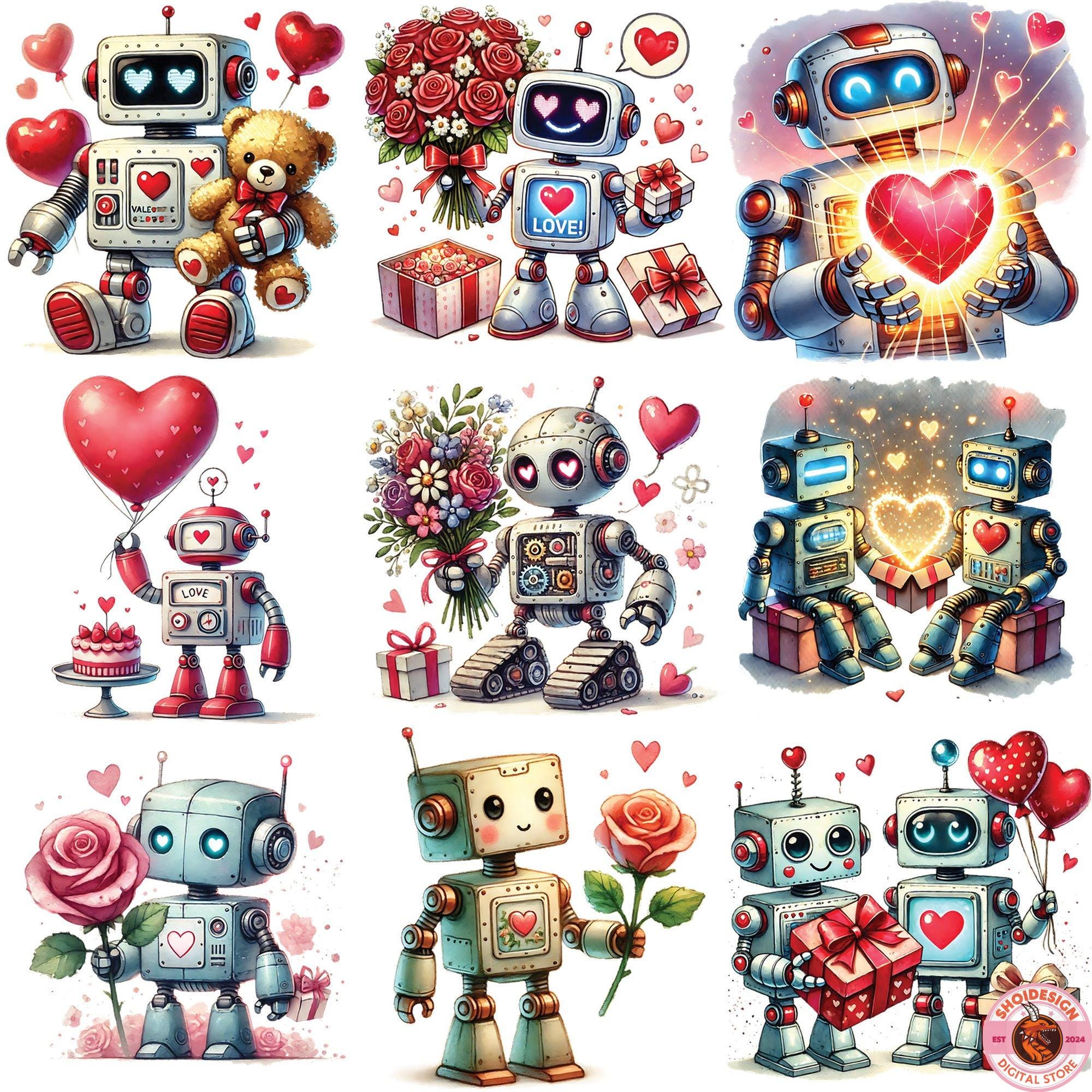 20 Watercolor Valentines Robot Clipart, Valentines Robot Png Bundle ...