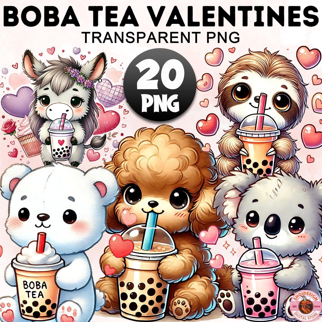 20 Watercolor Boba Tea Valentines Clipart, Boba Valentines Animals Png ...
