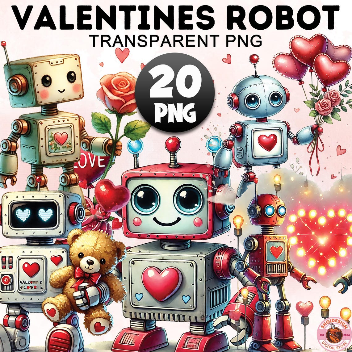 20 Watercolor Valentines Robot Clipart, Valentines Robot Png Bundle ...