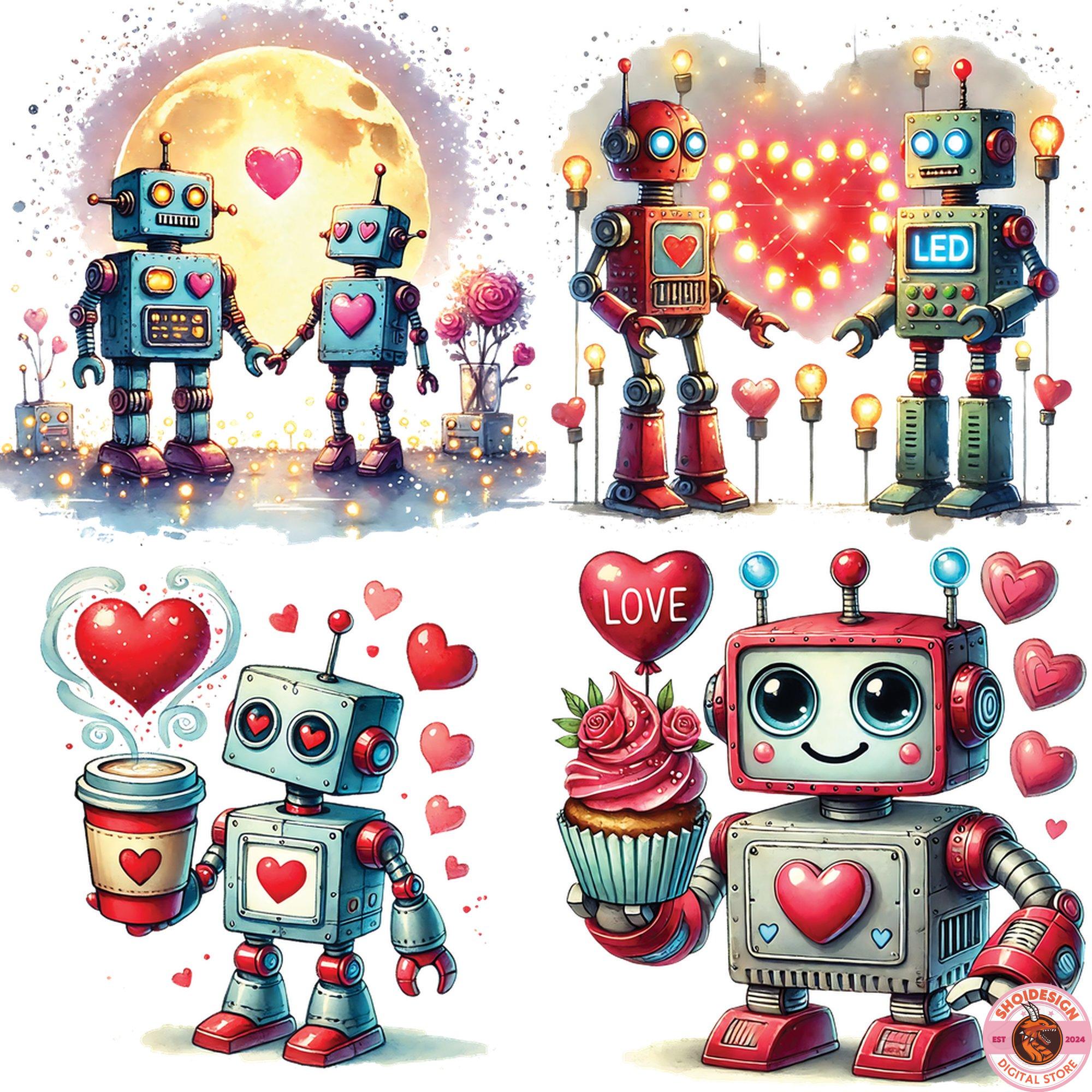 20 Watercolor Valentines Robot Clipart, Valentines Robot Png Bundle ...