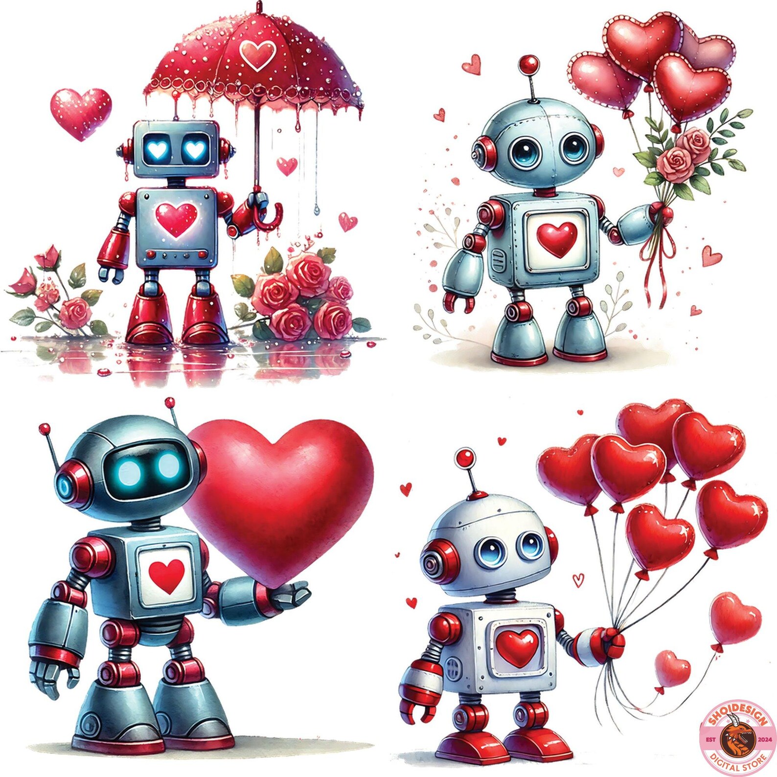 20 Watercolor Valentines Robot Clipart, Valentines Robot Png Bundle ...