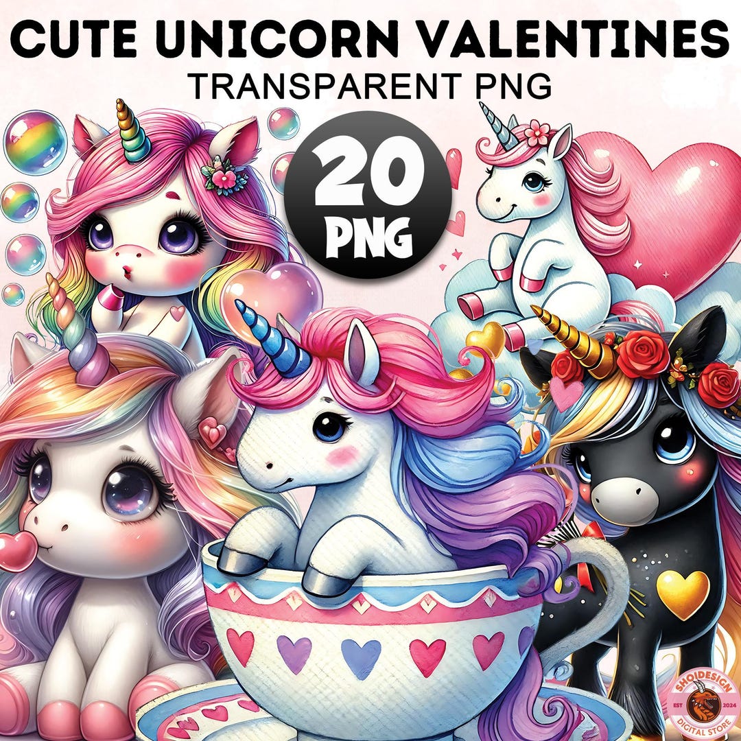 20 Watercolor Cute Unicorn Valentines Clipart, Cute Unicorn Png Bundle ...
