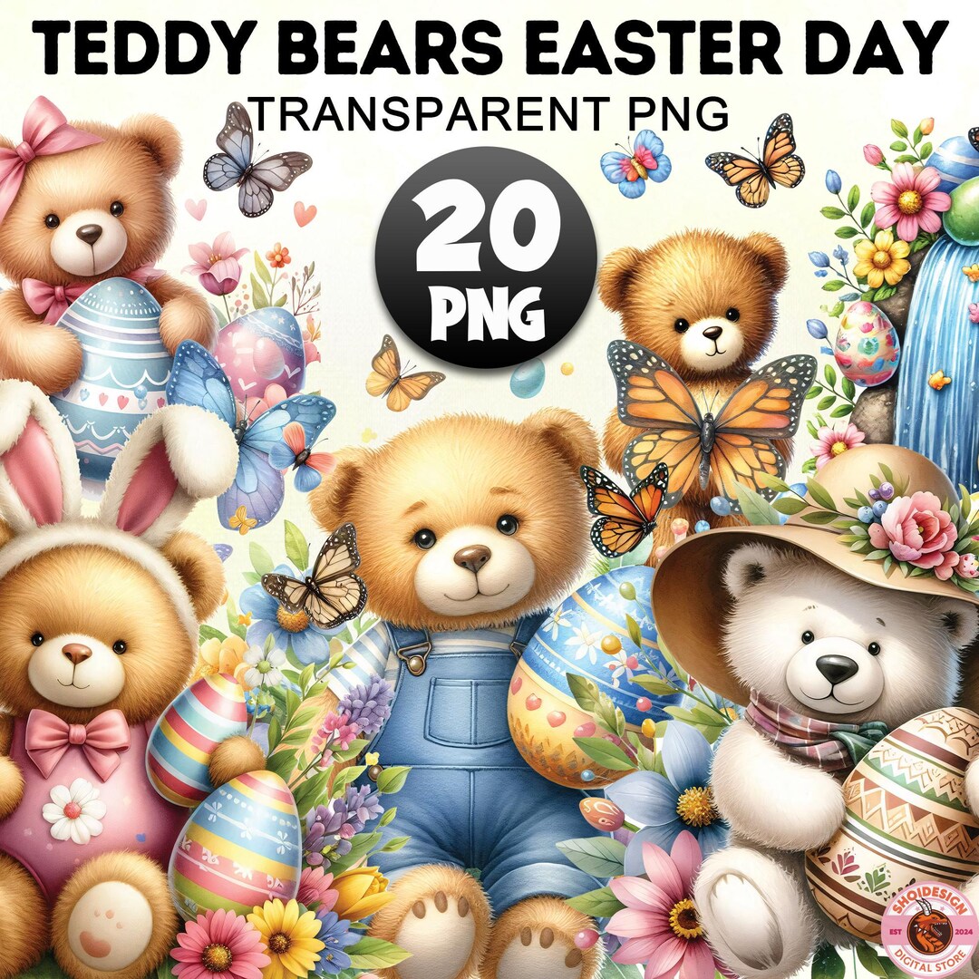 20 Watercolor Easter Teddy Bears Clipart PNG, Cute Baby Bear Clipart ...