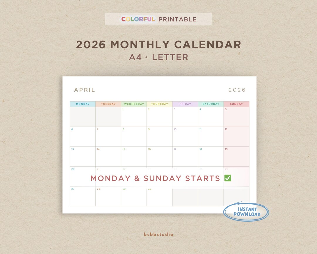 Colorful 2026 Monthly Calendar Printable Pastel Planner A4 Letter Size ...