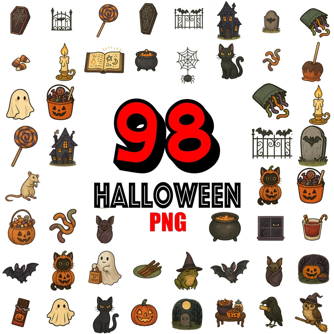Hand-drawn Halloween Clipart Bundle - 98 Pngs | Cute Spooky Halloween ...