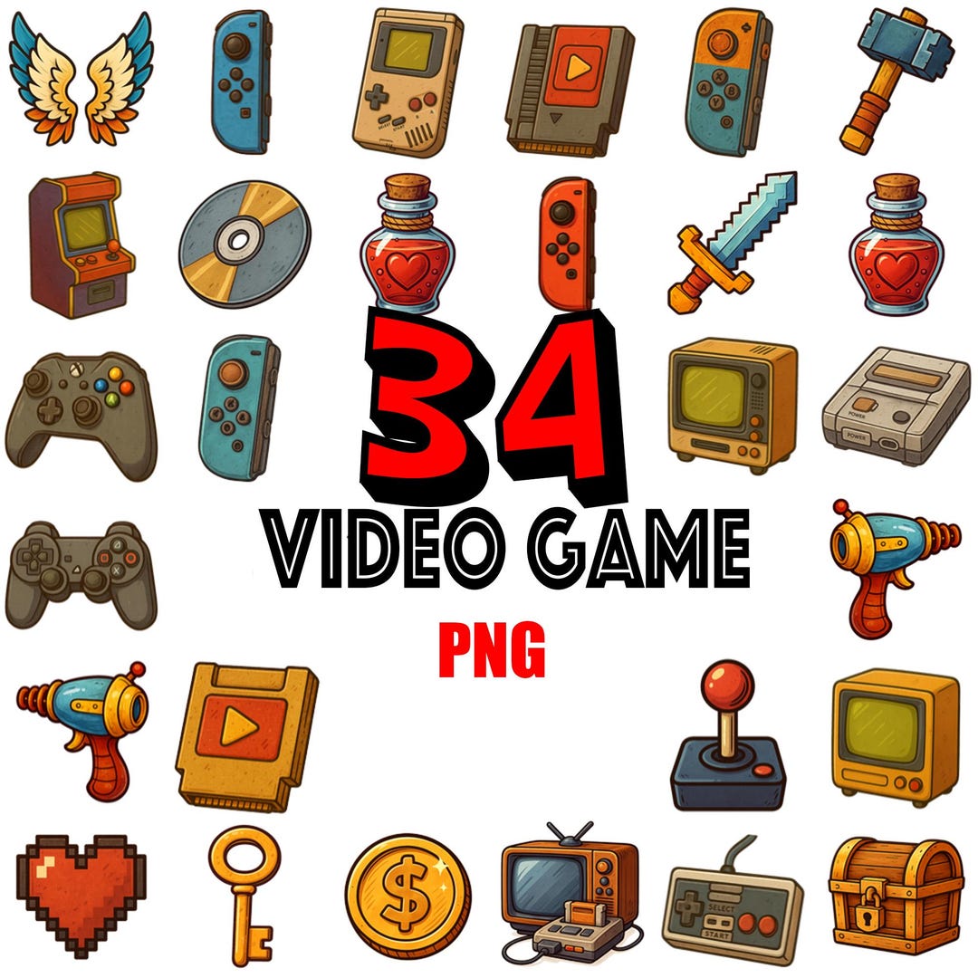 Retro Gaming PNG Bundle: 34 Vintage Arcade Clipart Designs - Etsy