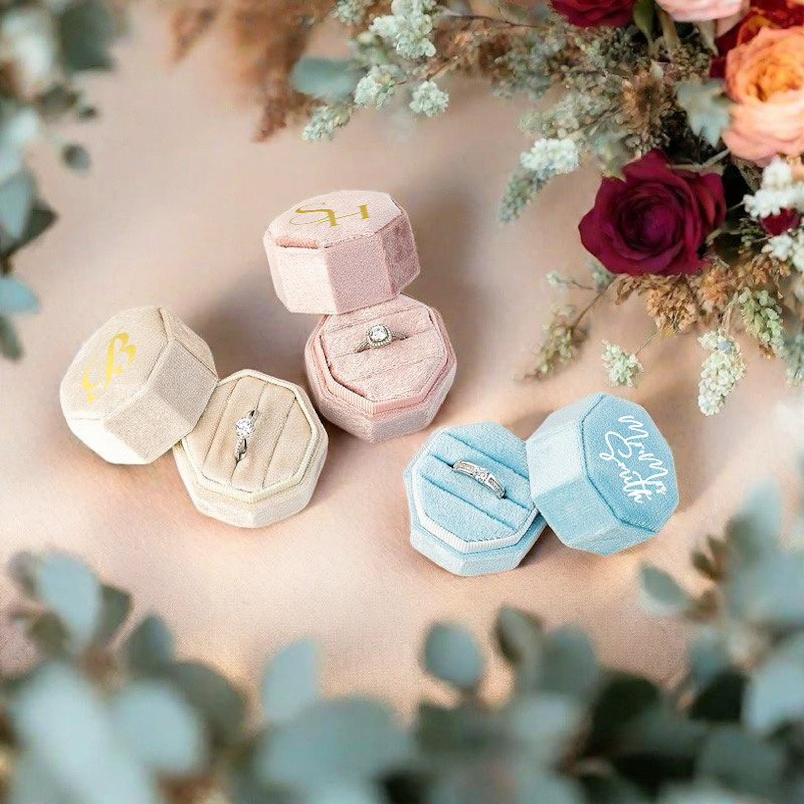 Personalized Wedding Ring Box, Custom Monogram Velvet Ring Box, Modern ...