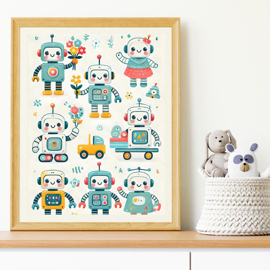 Cute Robots Nursery Art Print - Whimsical Robot Friends Poster for Baby ...