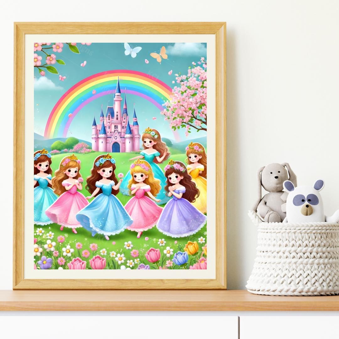 Princess Castle Nursery Art Print - Fairy Tale Princesses and Rainbow ...