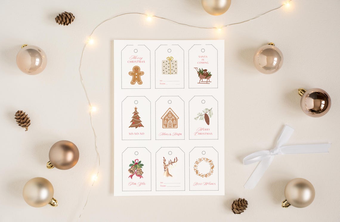 Printable Christmas Gift Tags, Elegant Holiday Present Tags, Festive ...