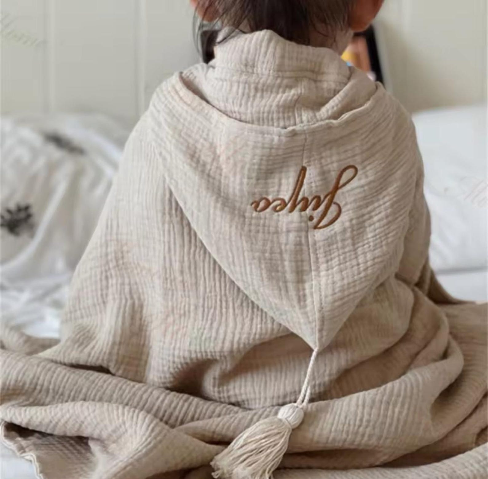 Embroidery Name Baby's Muslin Cotton Hooded Cape Tassel Bath Towel ...