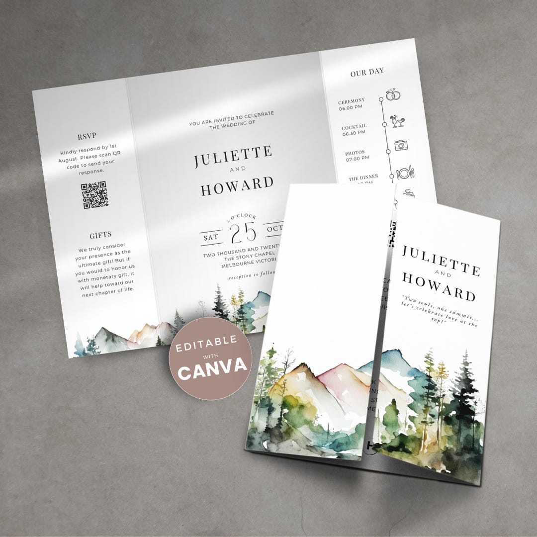 Trifold Mountain Wedding Invitation Mountain Wedding Watercolor Wed ...